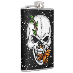 Skull with Monarch Butterflies Black Background Flask | Zazzle