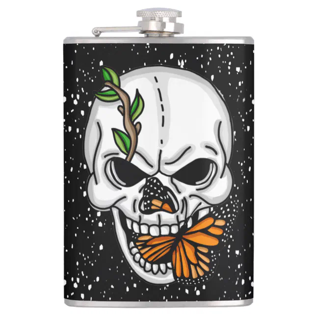 Skull with Monarch Butterflies Black Background Flask | Zazzle