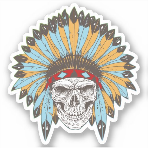 Skull with Native American Headdress Contour Sticker | Zazzle