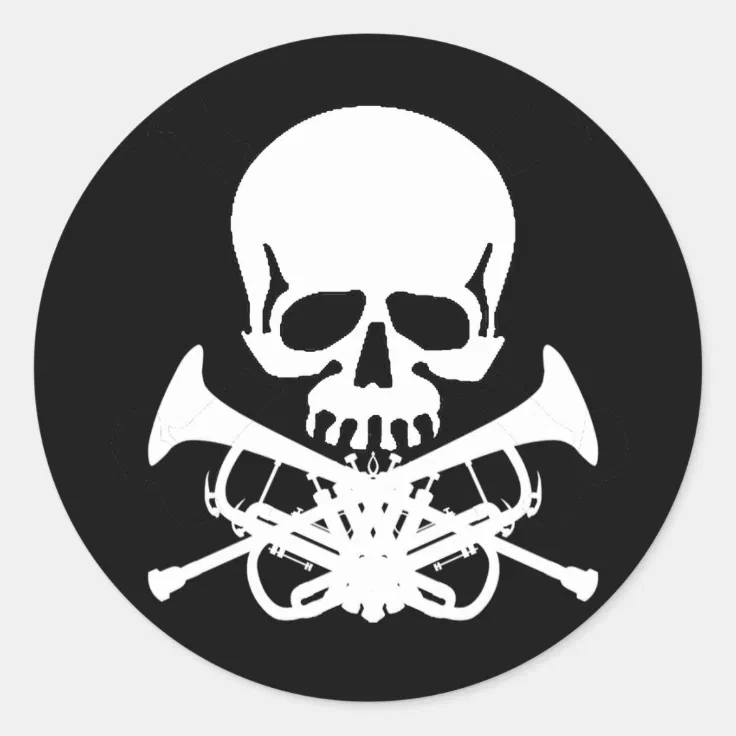 Skull with Trumpets as Crossbones Classic Round Sticker | Zazzle