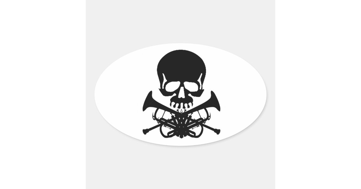 Skull with Trumpets as Crossbones Oval Sticker | Zazzle
