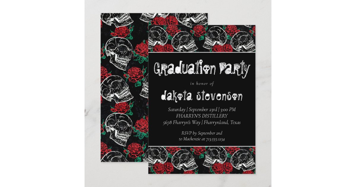 Skulls and Red Roses | Modern Glam Goth Graduation Invitation | Zazzle