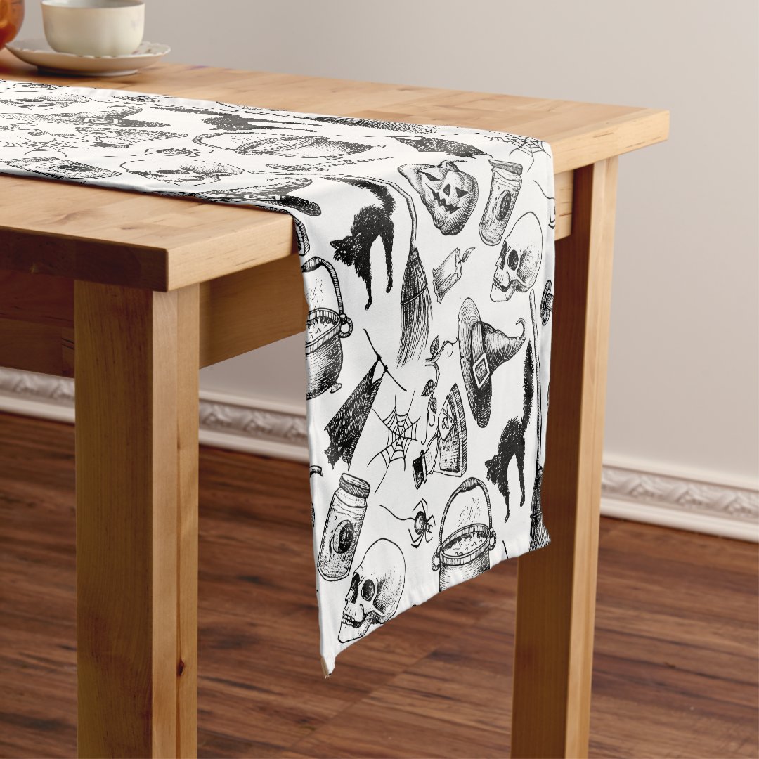 Skulls Pumpkins Broomsticks Bats Halloween Short Table Runner | Zazzle