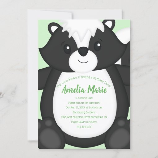 Skunk Birthday Party Green Invitation | Zazzle