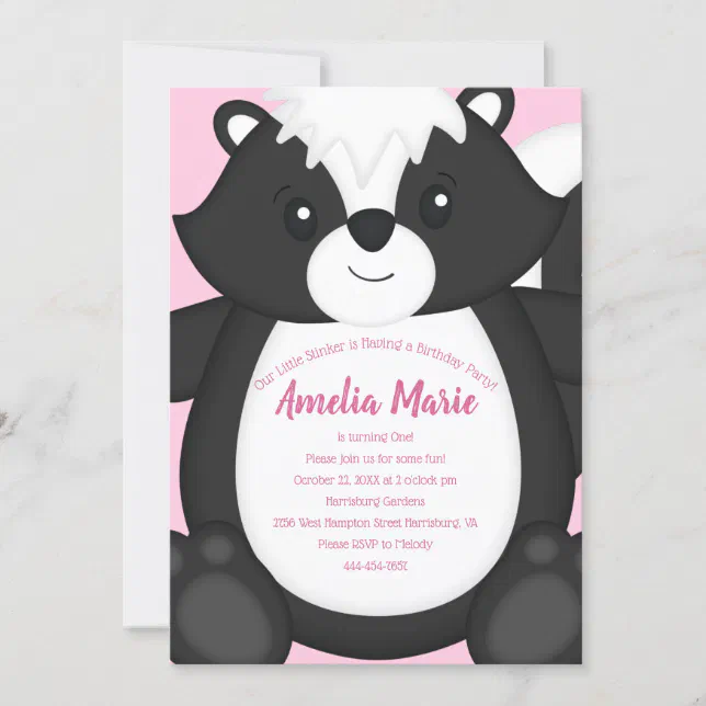 Skunk Birthday Party Pink Invitation | Zazzle