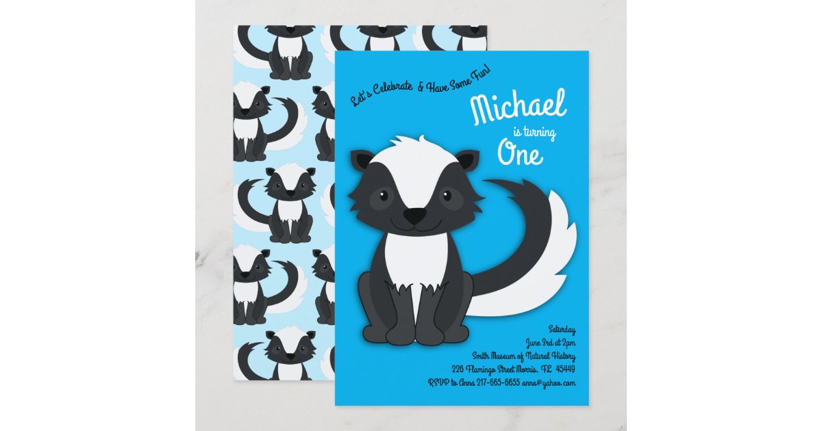 Skunk Cute Kids 1st Birthday Party Blue Boys Invitation | Zazzle