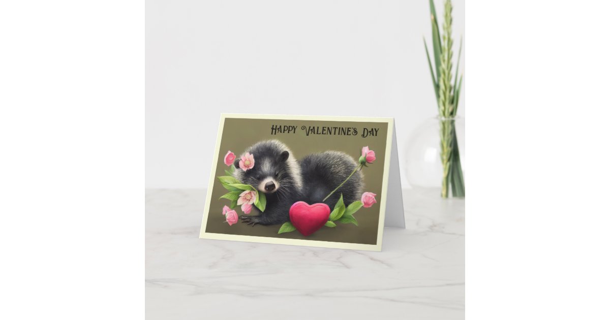 Skunk Hugging Flowers Valentine's Card | Zazzle