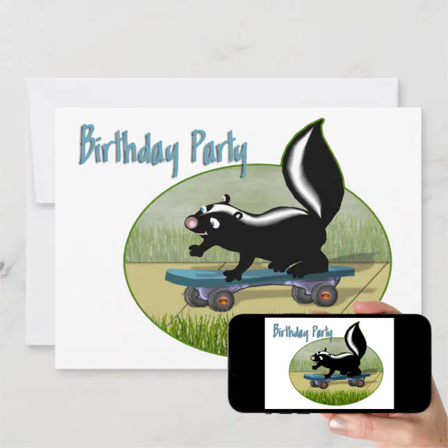 Skunk on a Skateboard Birthday Invitation | Zazzle