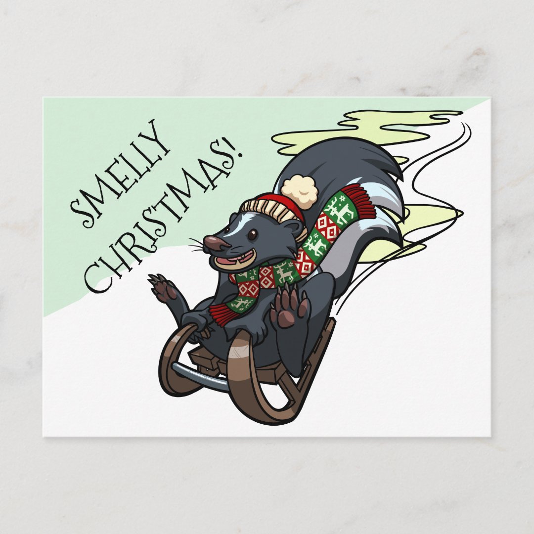 Skunk On A Sled Smelly Christmas Sledging Cartoon Holiday Postcard | Zazzle