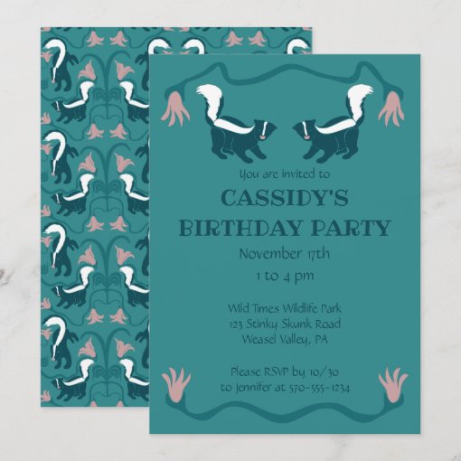 Skunks and Flowers Dark Teal Green Birthday Party Invitation | Zazzle