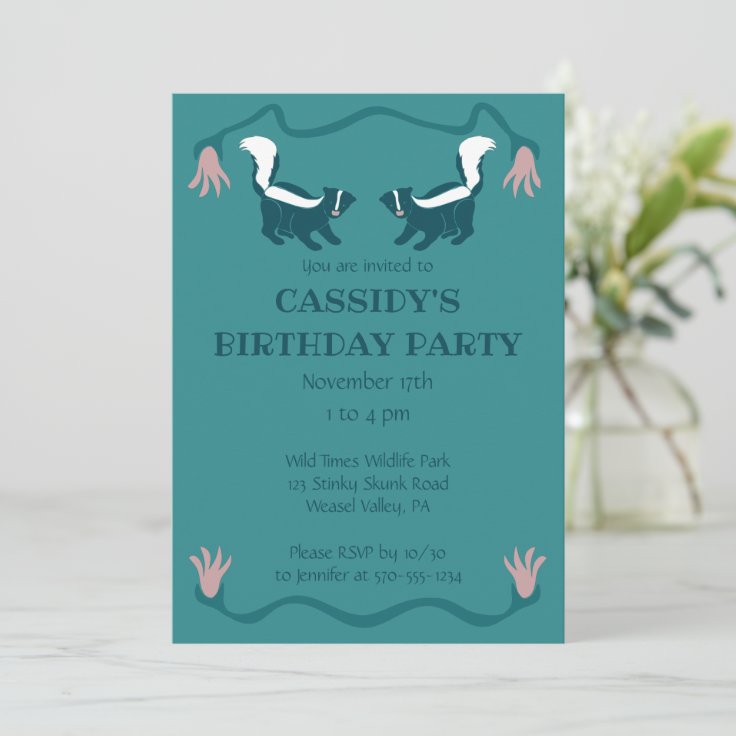 Skunks and Flowers Dark Teal Green Birthday Party Invitation | Zazzle