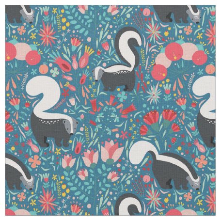 Skunks and Flowers Dark Teal Green Fabric | Zazzle