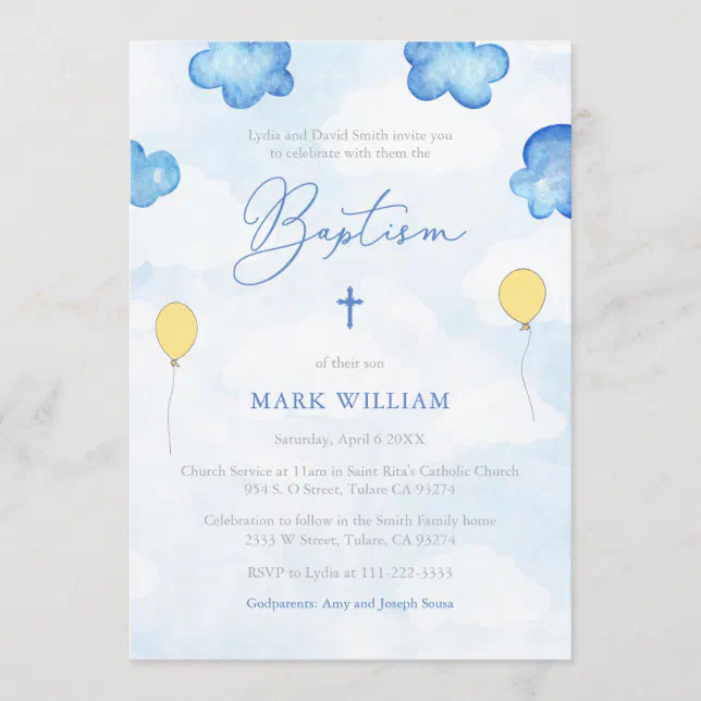 Sky and Clouds Baptism With Yellow Balloons Invitation | Zazzle
