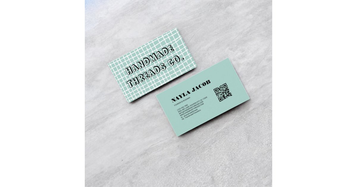 Sky Blue Check Pattern QR Code Handmade Clothing Business Card | Zazzle