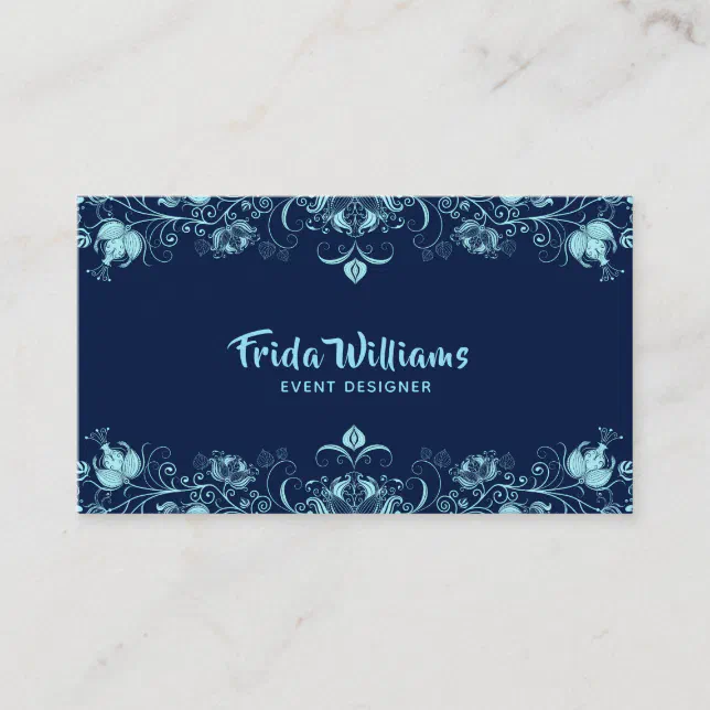Sky-blue elegant flowers border business card | Zazzle