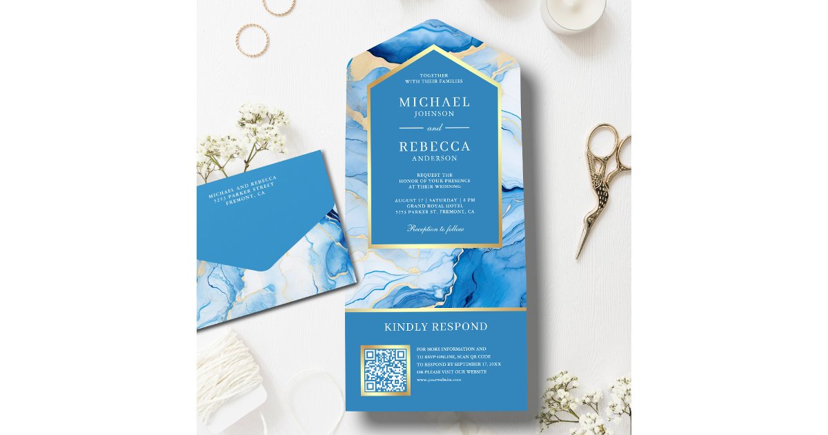 Sky Blue Gold Abstract Fluid Ink QR Code Wedding All In One Invitation ...