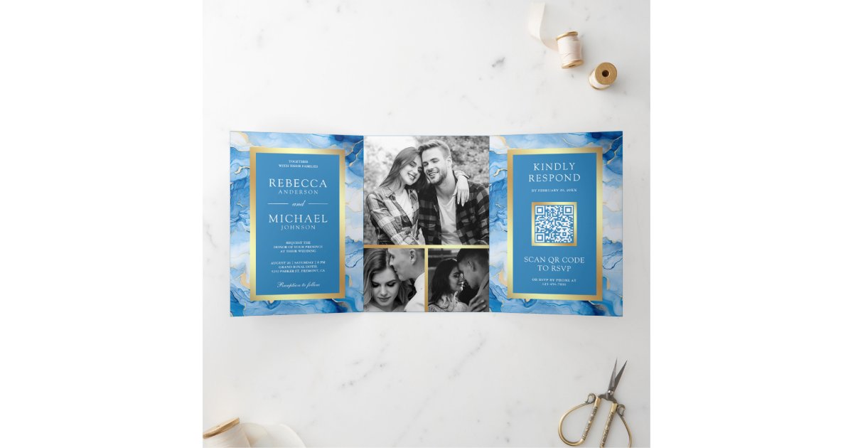 Sky Blue Gold Fluid Ink QR Code Wedding Tri-Fold Invitation | Zazzle