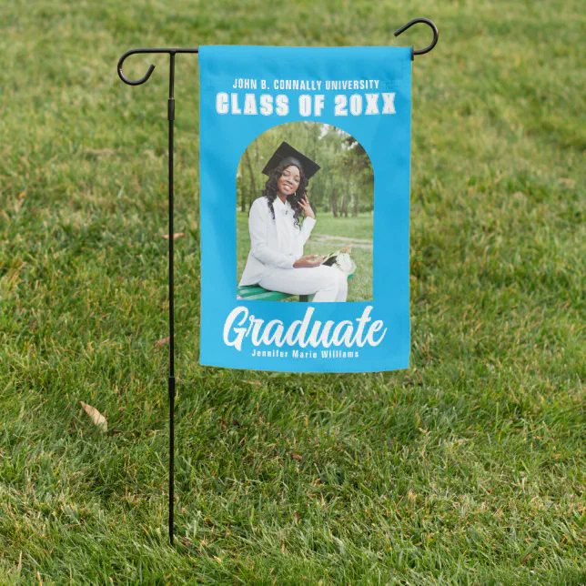 Sky Blue Graduate Photo Modern Arch Graduation Garden Flag | Zazzle