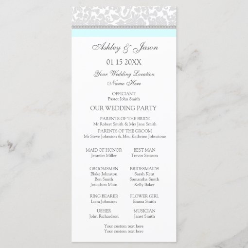 Sky Blue Gray Damask Wedding Program | Zazzle