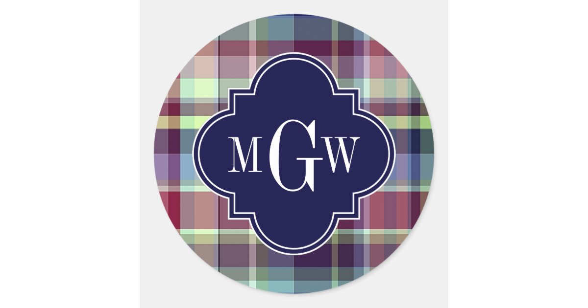 Sky Blue Navy Burgundy Wht Preppy Madras Monogram Classic Round Sticker ...