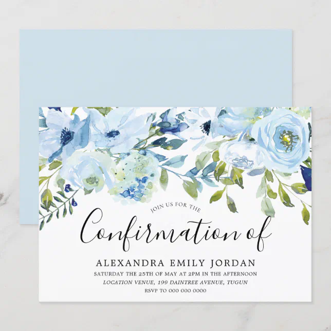 Sky Blue Watercolor Floral Confirmation Invitation | Zazzle