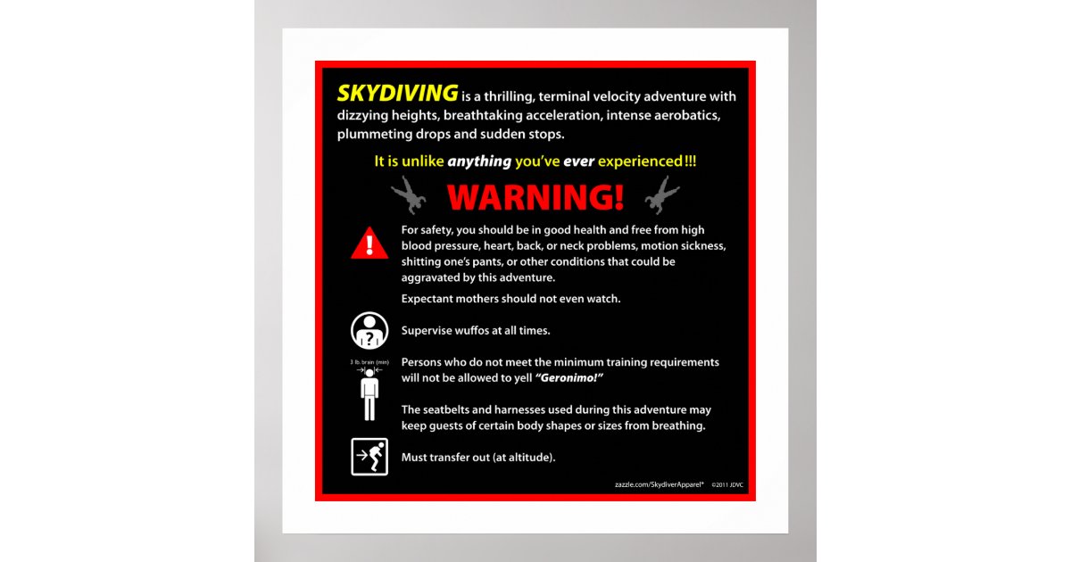 SKYDIVING Theme Park Warning Sign | Zazzle