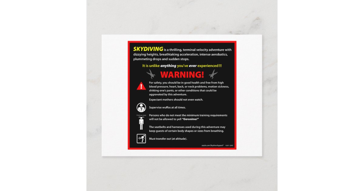SKYDIVING Theme Park Warning Sign Postcard | Zazzle