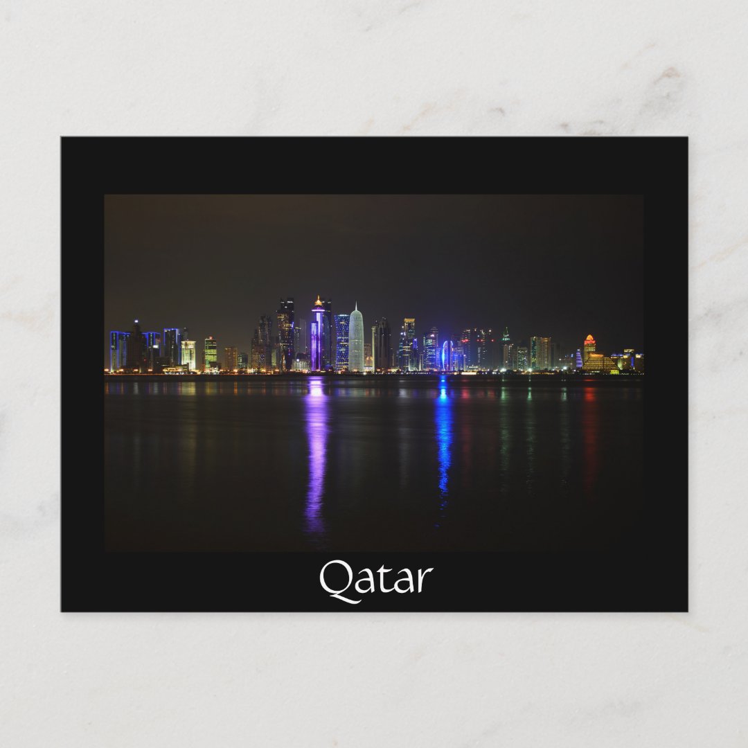 Skyline of Doha, Qatar at night black postcard | Zazzle