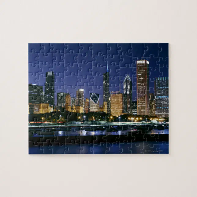 Skyline of Downtown Chicago at night Jigsaw Puzzle | Zazzle