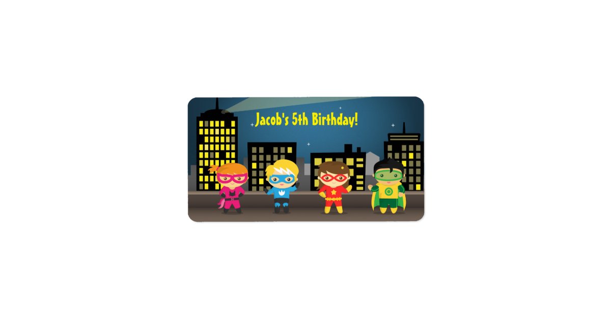 Skyline Superhero Birthday Party For Kids Label | Zazzle