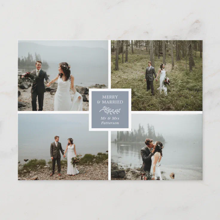 Slate Blue Elegant Photo Collage Merry & Married Postcard | Zazzle