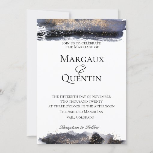 Slate Blue Golden Brush Wedding Invitation | Zazzle