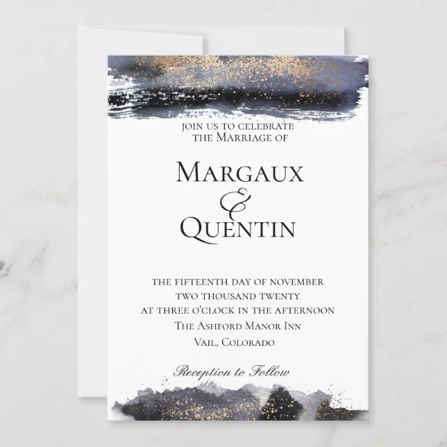 Slate Blue Golden Brush Wedding Invitation | Zazzle