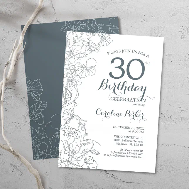 Slate Blue White Floral 30th Birthday Party Invitation | Zazzle