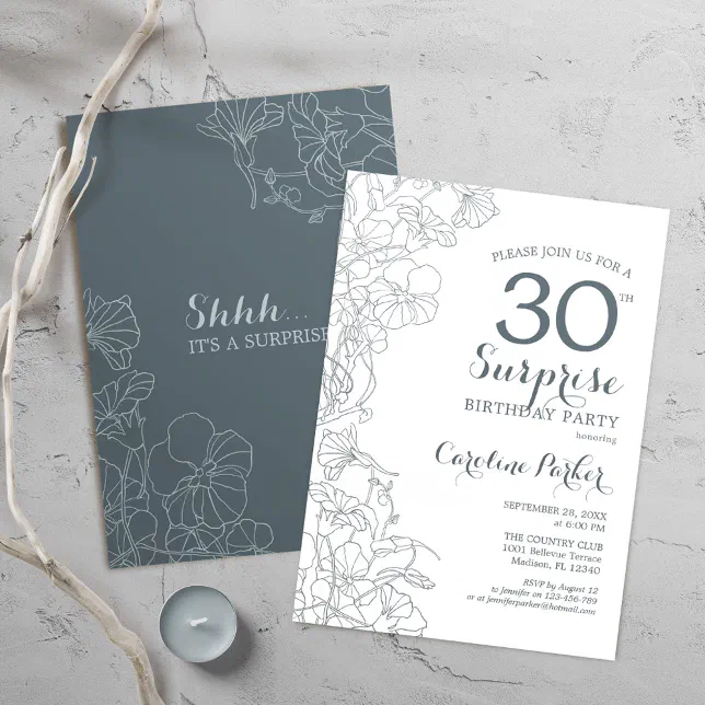 Slate Blue White Surprise 30th Birthday Party Invitation | Zazzle