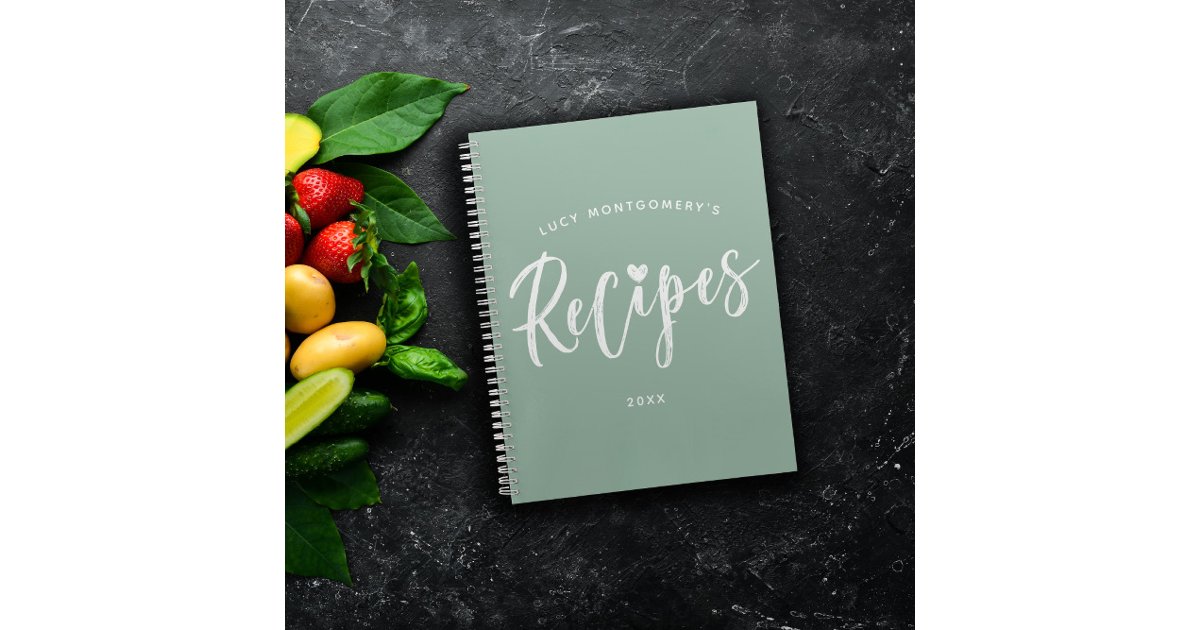 Slate Green White Brush Script Recipe Notebook | Zazzle