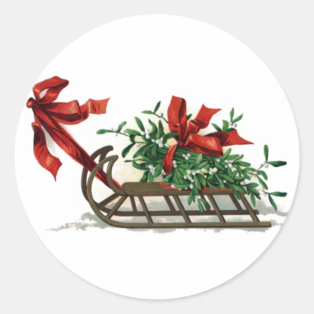 Sled with Bunch of Mistletoe Tied in Red Ribbon Classic Round Sticker ...