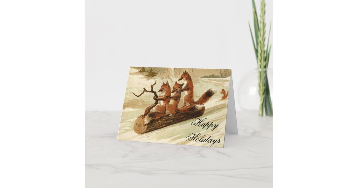 Sledding Foxes Vintage Christmas Card | Zazzle