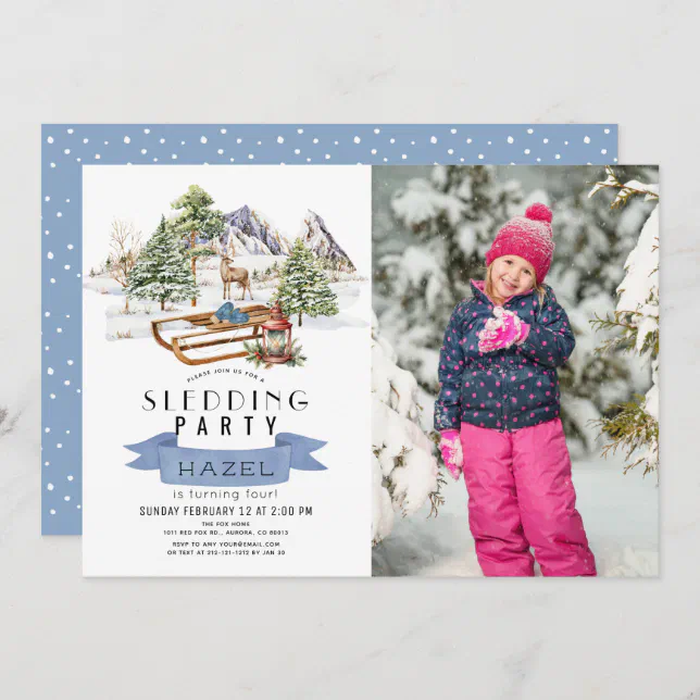 Sledding Party Winter Mountains Birthday Photo Invitation | Zazzle