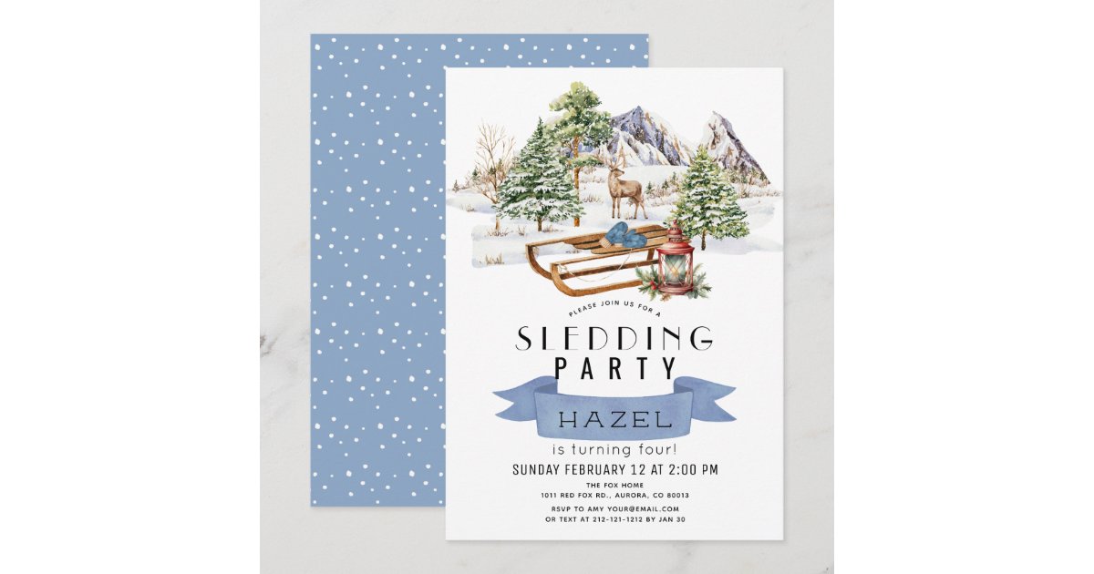 Sledding Party Winter Snowy Mountains Birthday Invitation | Zazzle