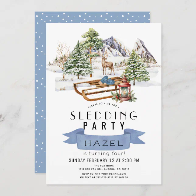Sledding Party Winter Snowy Mountains Birthday Invitation | Zazzle