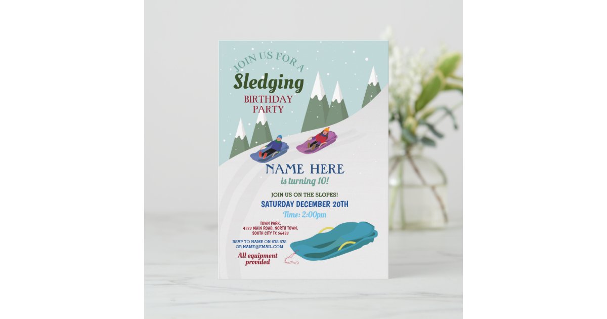 Sledging Birthday Party Slopes Snow Invitation | Zazzle