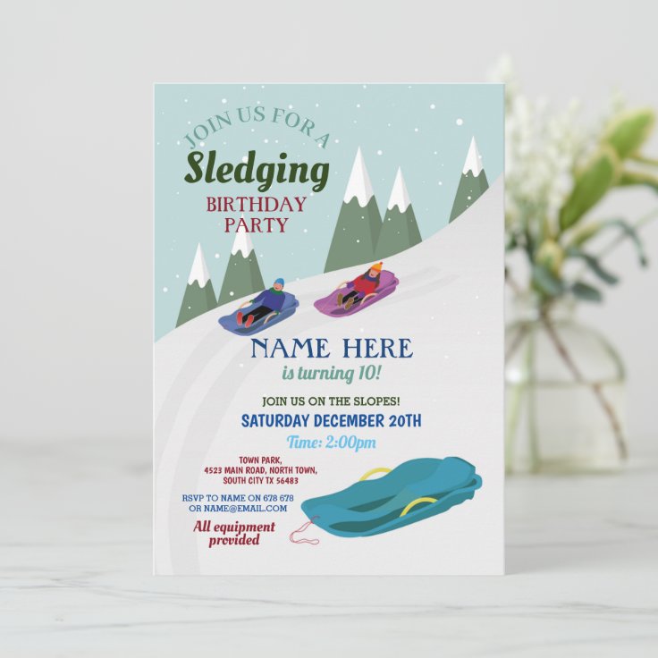 Sledging Birthday Party Slopes Snow Invitation | Zazzle
