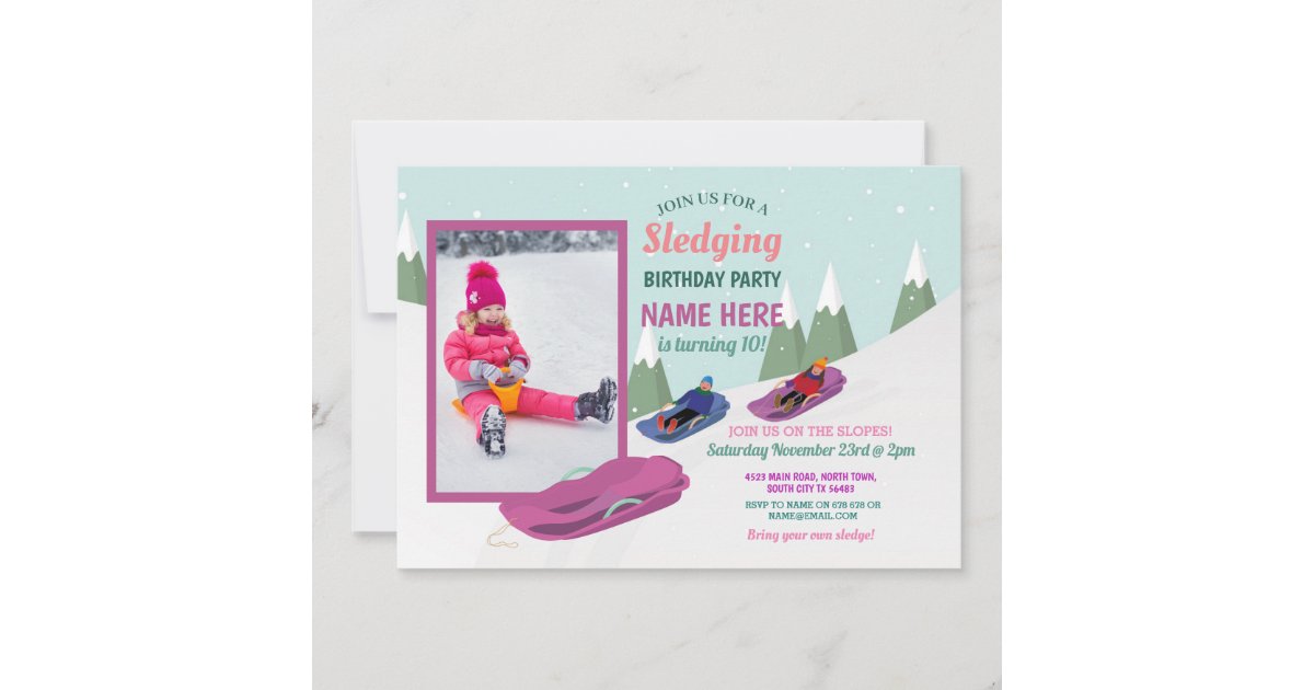 Sledging Birthday Party Slopes Snowboard Photo Invitation | Zazzle