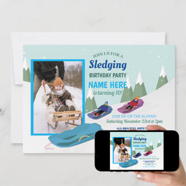 Sledging Boys Birthday Party Slope Snowboard Photo Invitation | Zazzle