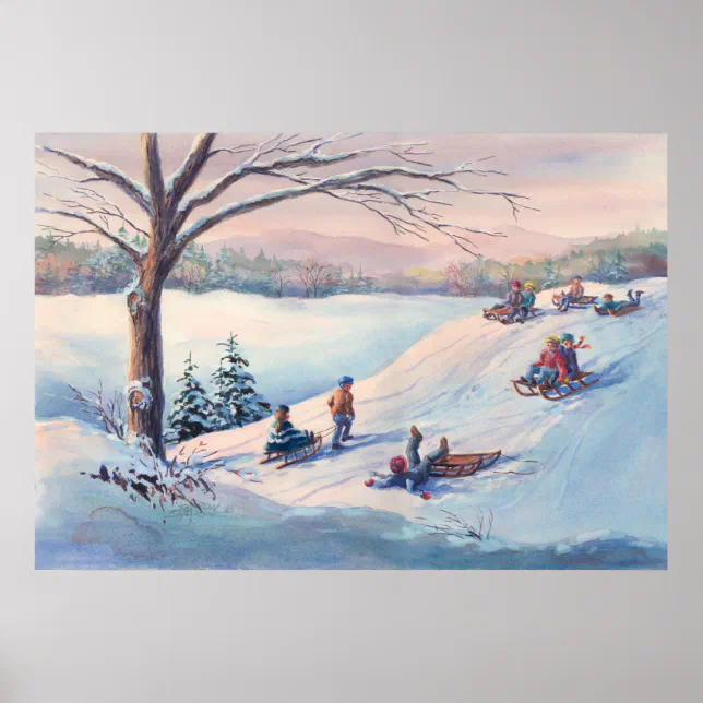 SLEDS, KIDS & SNOW by SHARON SHARPE Poster | Zazzle