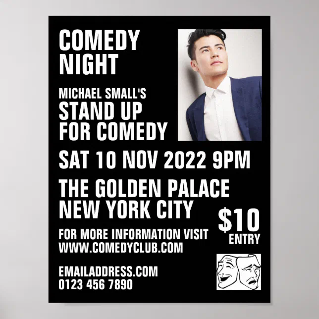 Sleek Black, Comedian, Comedy Club Advertising Poster | Zazzle