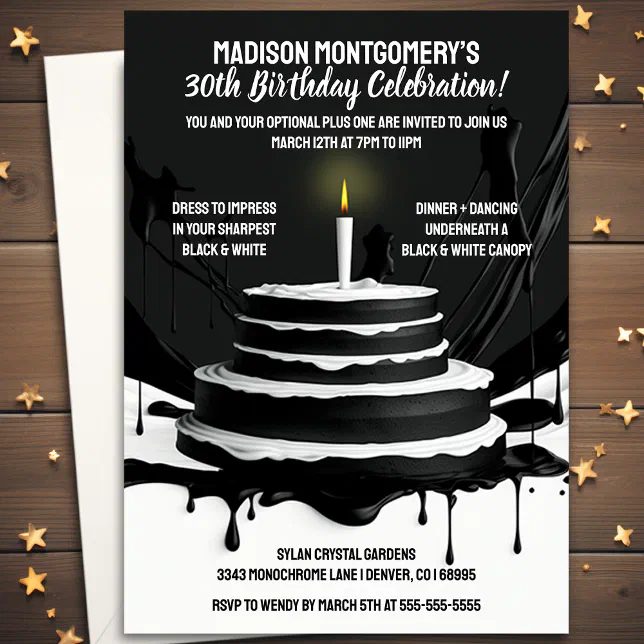 Sleek Cake Black and White Theme Birthday Party Invitation | Zazzle