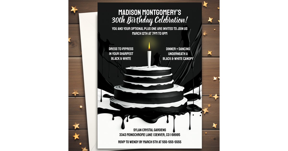 Sleek Cake Black and White Theme Birthday Party Invitation | Zazzle
