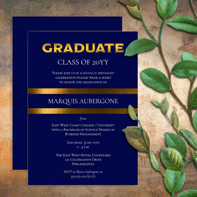 Sleek College | Univ Blue | Gold Graduation Party Invitation | Zazzle